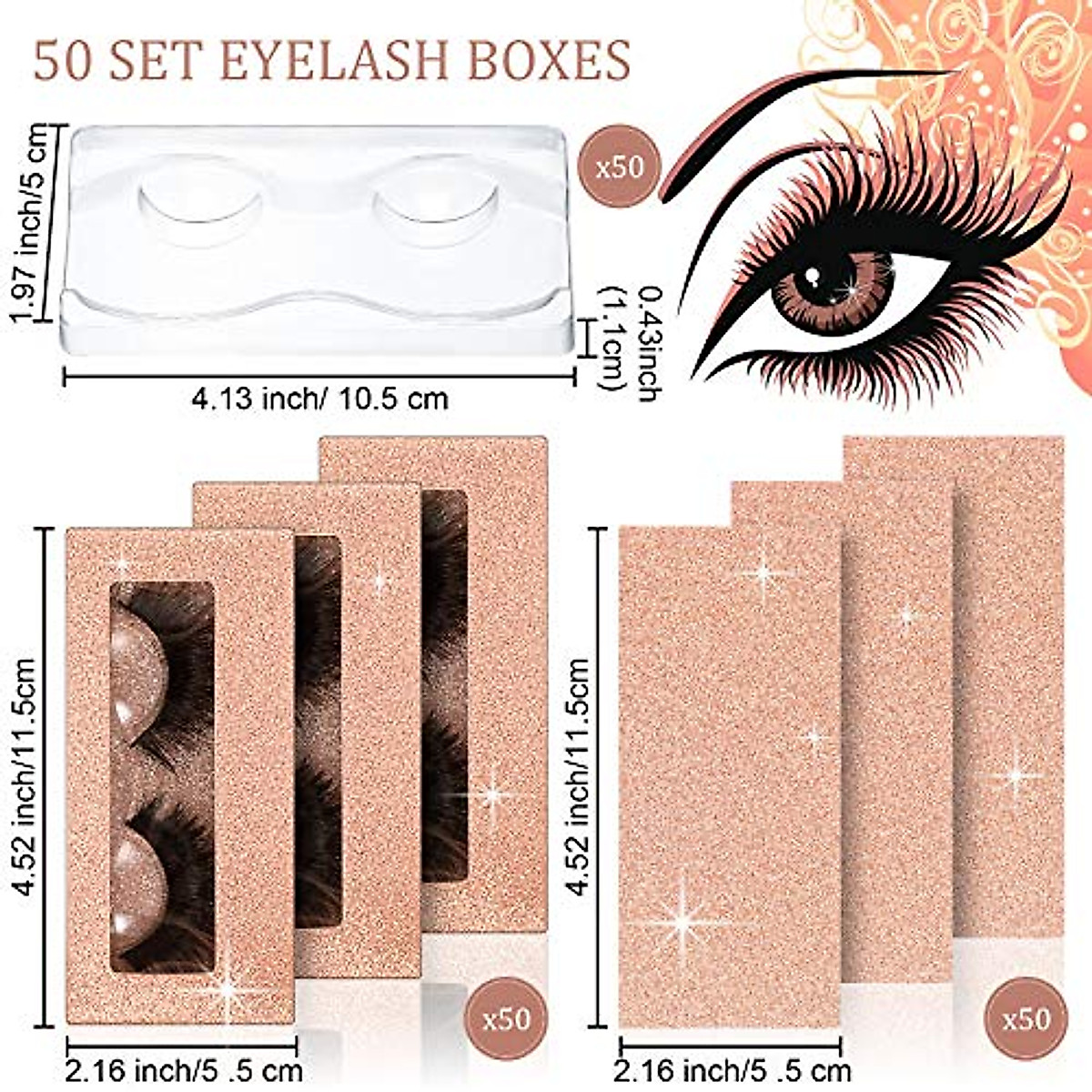 50 Sets Empty Eyelash Case Set, Include 50 Empty Eyelash Box Lash Box Packaging Eyelash Storage Box, 50 Eyelash Box Tray False Eyelash Storage Box Tray, 50 Internal Background Paper (Champagne Gold)