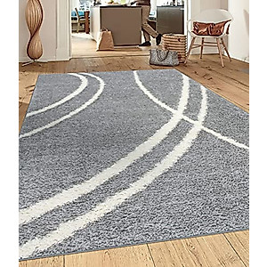 Rugshop Cozy Contemporary Stripe Perfect for Living Room,Bedroom,Home Office Non-Shedding Plush Shag Area Rug 5'3" x 7'3" Gray-White