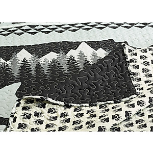 Virah Bella 3 Piece King Lodge Quilt Bedding Set - Moon Bear - Rustic Cabin Country Reversible Camping Comforter Set with Decorative Pillow Shams, Black/White