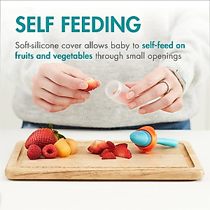 Boon Pulp Silicone Baby Fruit Feeder - Soft Silicone Baby Feeding Set - Fruit and Vegetable Baby Led Weaning Supplies - Baby Feeding Essentials - Blue/Mustard and Gray/Mint - 2 Count