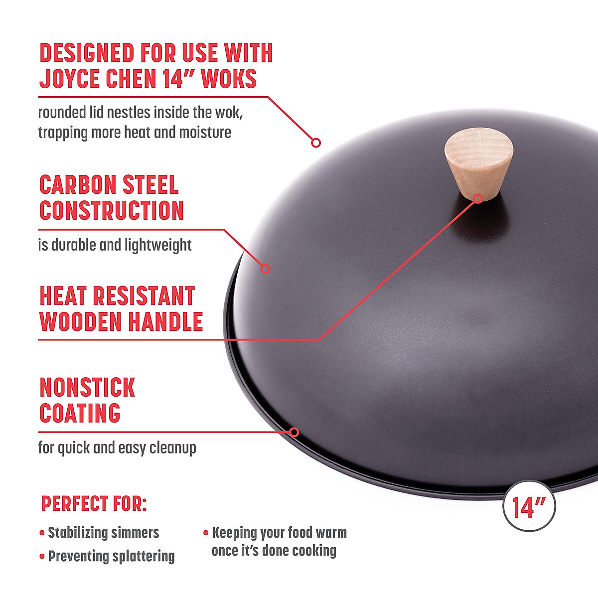 Joyce Chen 31-0066, 13.5-Inch Nonstick Steel Dome Lid for 14-Inch Wok Black