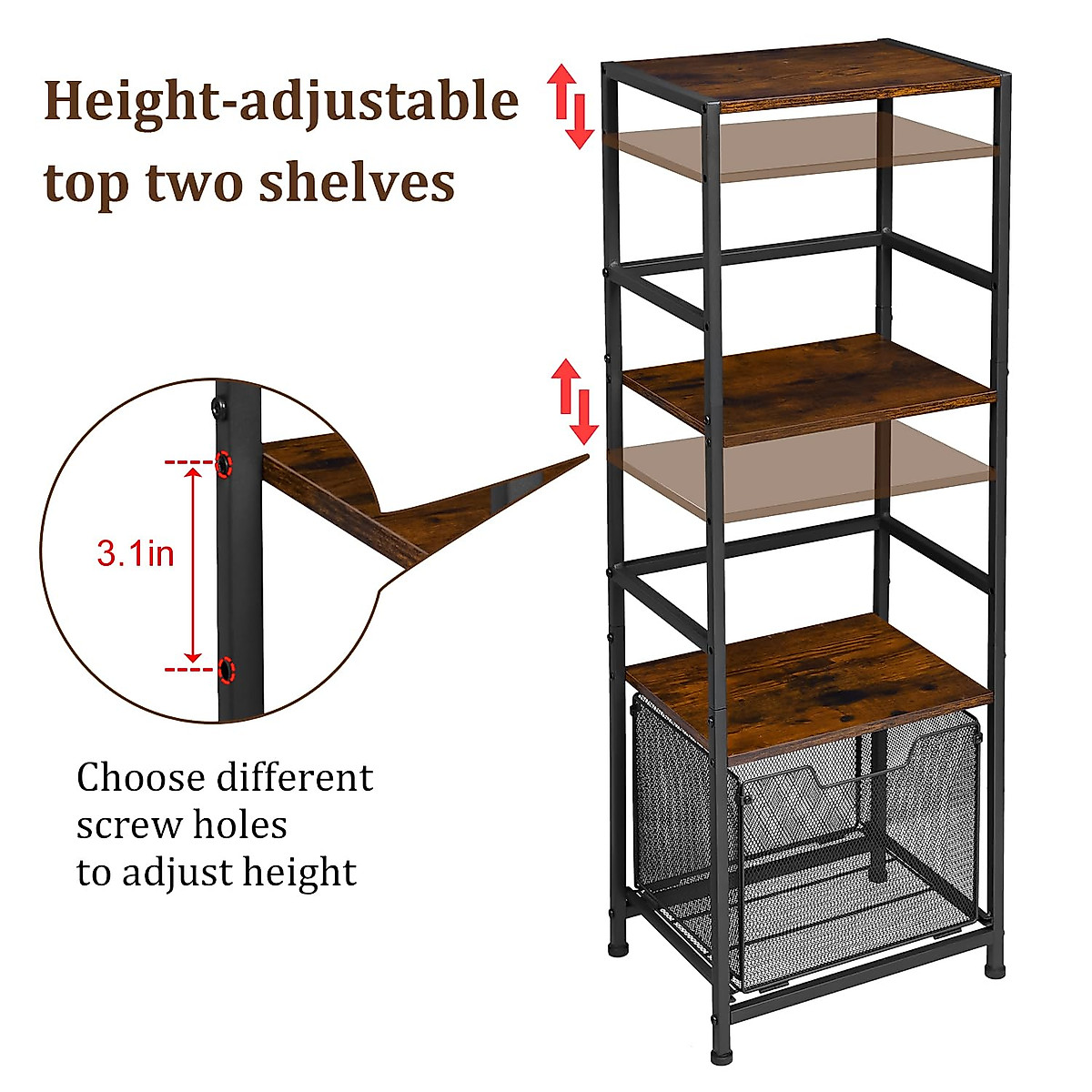 4-Tier Bathroom Storage Shelves, Retro Shelving Unit and Storage Bathroom Rack, Iron Wood Combination Heavy Duty Bathroom Stand with Drawer, Freestanding Tall Shelf for Bathroom, Kitchen, Laundry