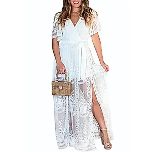 MERMAID'S CLOSET V-Neck Embroidery Lace White Bridal Shower Maxi Dress Women's Tie Waist Side Split Maternity Wedding Party Dresses