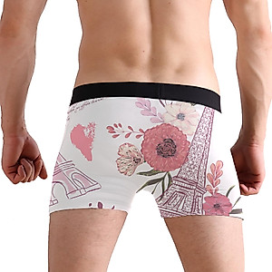 ALAZA Paris Eiffel Tower Kissing Heart Mens Boxer Briefs Stretchy Men's Underwear Briefs Casual Breathable Stretch Boxer S-XL Multicolor