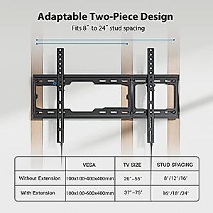 Pipishell Tilt TV Wall Mount for Most 26-75 inch Flat or Curved TVs up to 132 lbs, Wall Mount TV Bracket with Tilt, Low Profile, Max VESA 600x400mm, TV Mount Fits 8-24 inch Wood Studs, PILT5