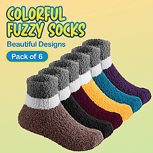 Debra Weitzner 6 Pairs Warm Fuzzy Socks for Kids with Grippers - Non Skid Slipper Socks for Toddlers - Dark Two Tone 6-10 Yr
