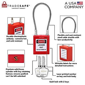 TRADESAFE Lockout Tagout Steel Cable Locks with Keys,10 Red Keyed Different Electrical Lockout Padlock Set, 2 Keys per Lock, OSHA Compliant, Premium Grade
