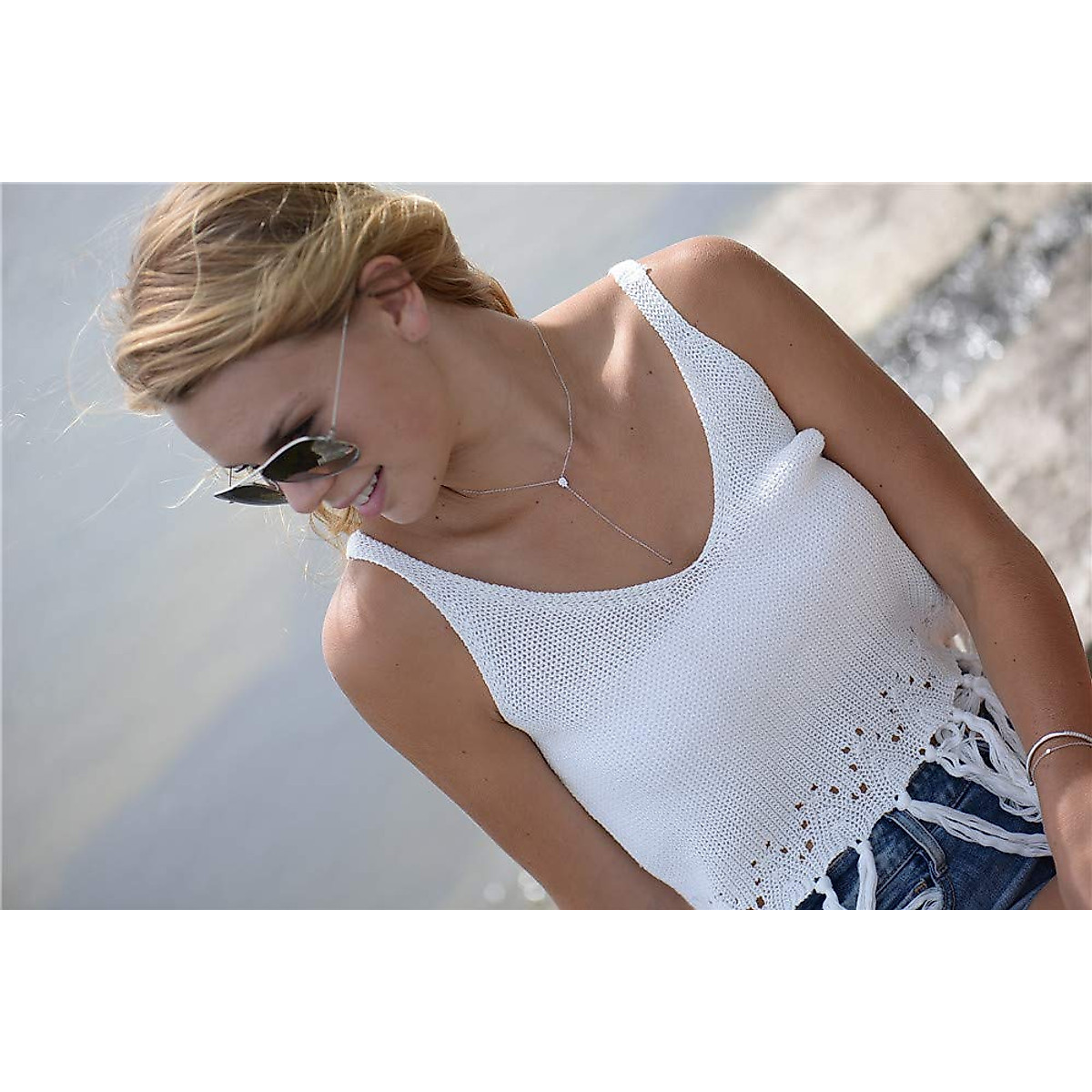 Dainty Sterling Silver Necklace Small Waterdrop Lariat Necklace Y-Shaped Platinum Plating