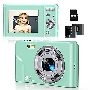 Digital Camera Auto Focus Point and Shoot Camera, FHD 1080P 48MP Kids Camera with 32GB Memory Card,16X Zoom Vlogging Camera Small Digital Cameras for Kids Teenagers Students Green