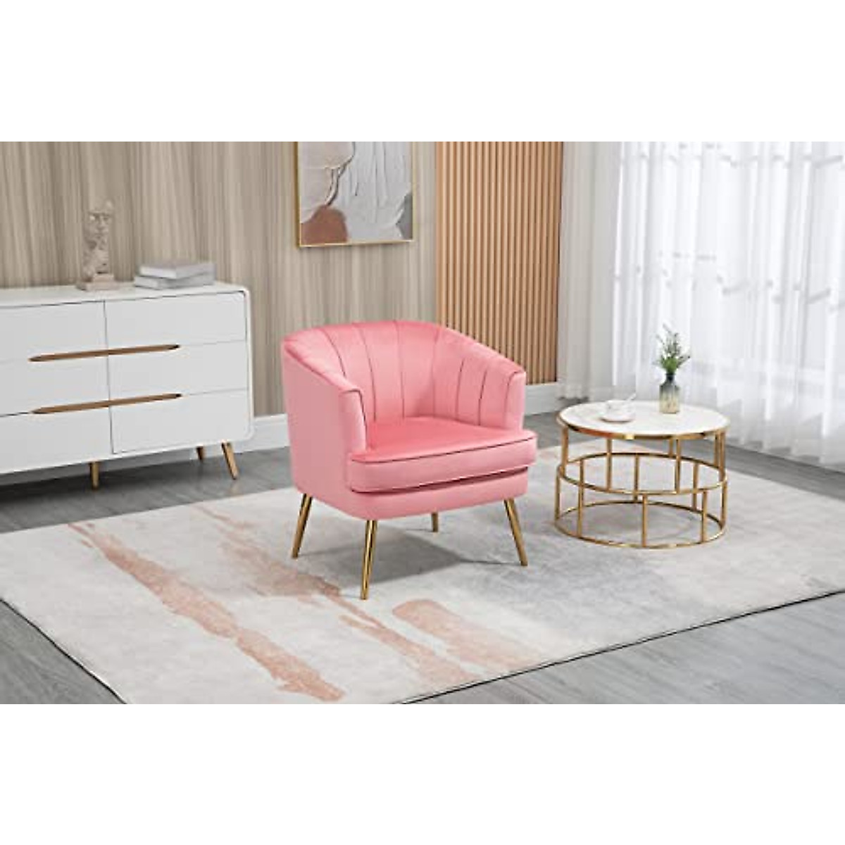 ZOBIDO Modern Accent Velvet Chairs Comfy Upholstered Vanity Chairs for Bedroom Armchair Dining Chairs with Golden Metal Legs Desk Chair Single Person sofafor Living Room(Peach Pink)
