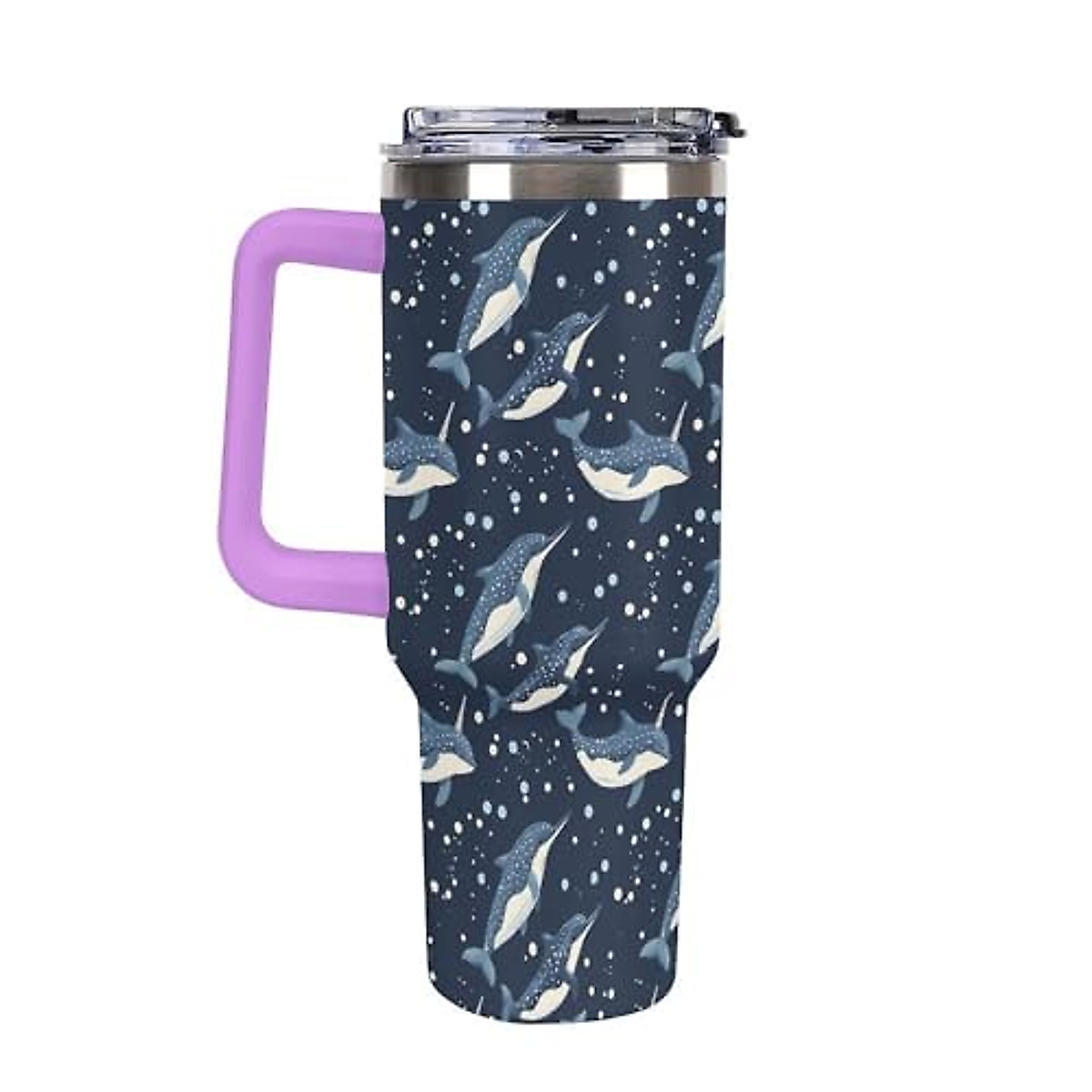 Whales Orcas Narwhals On Navy 40 Oz Tumbler Insulated Stainless Steel Water Bottle Travel Mug Car Cup with Handle And Straw