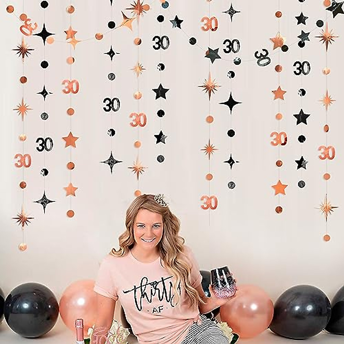 Rose Gold Black 30th Birthday Decorations Number 30 Circle Dot Twinkle Star Garland Metallic Streamer Bunting Banner Backdrop for Mens Womens Happy Dirty 30 Year Old Thirty Anniversary Party Supplies