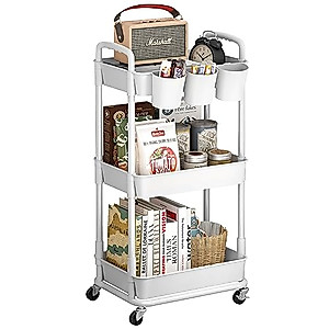 JIUYOTREE 3-Tier Plastic Rolling Storage Cart Utility Cart with Extra Hanging Cups Handles Lockable Wheels for Living Room Bathroom Kitchen Office White
