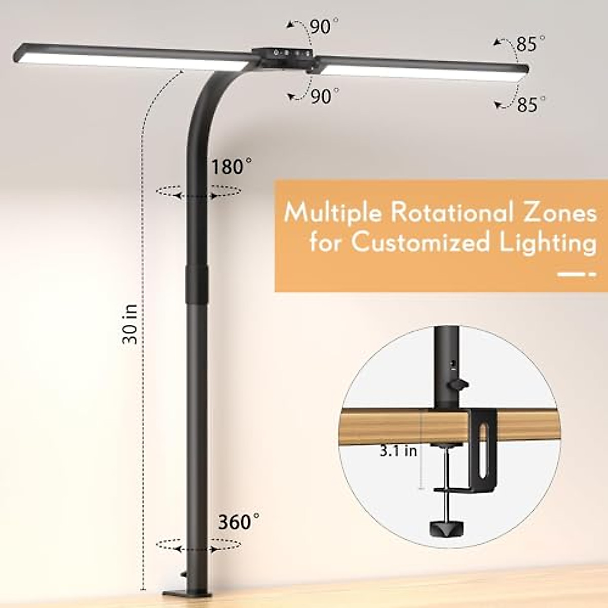 Quntis Double Head LED Tall Desk Lamp for Home Office, 31.5-inch Foldable Computer Desk Light with Clamp, Dimmable Dual Monitor Light Bar for Curved Screen Architect Drafting Design - 32 Modes