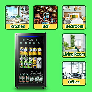 WANAI Beverage Refrigerator Cooler 3.5 Cu.Ft, 120 Can Mini Small Fridge with Glass Door LED Light and Adjustable Shelves for Soda Beer or Wine, Perfect for Home Bar Office, Black