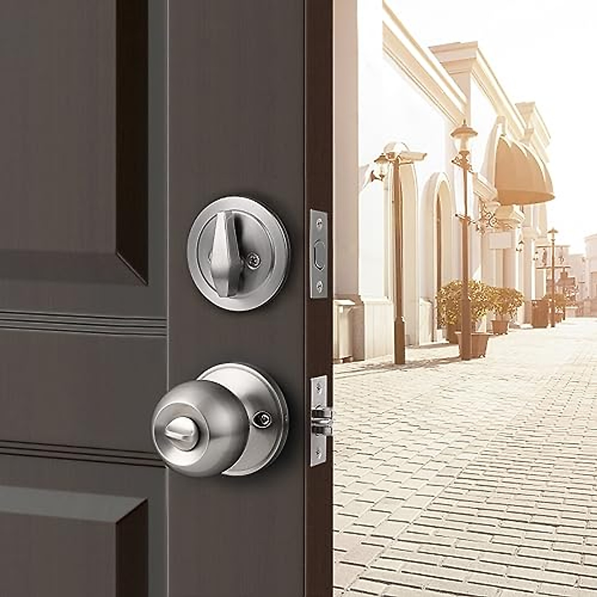 Knobonly 8 Pack Round Ball Front Door Knob and Single Cylinder Deadbolt Combo Sets, Satin Nickel Door Knob Set, Keyed Alike