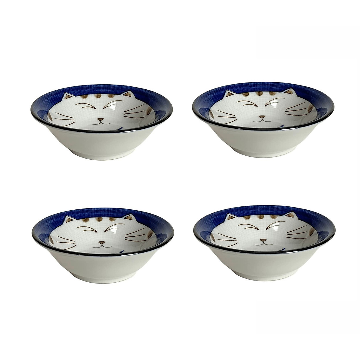 JapanBargain 2564x4, Set of 4 Japanese Porcelain Dipping Sauce Bowl Smiling Kitty Cat Bowl for Appetizer Snack Made in Japan, 4-1/4 inches, Blue (4, Blue)