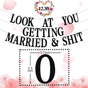 Look at You Getting Married Banner, Black Glitter Backdrop for Wedding Engagement Bridal Shower Party Decorations Supplies