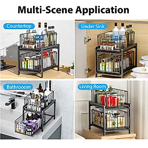 YTDTKJ 2 Tier Under Sink Organzier, Pull Out Cabinets Organizer Shelf Baskets, Stackable Sliding Cabinet Organizer for Kitchen, Pantry, Under The Sink, Cabinet, Bathroom, Black