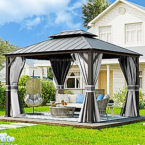 UDPATIO 10' x 12' Hardtop Gazebo, Galvanized Steel Double Roof Permanent Aluminum Gazebo, Outdoor Metal Pergolas with Mosquito Netting and Curtains for Garden, Parties, Patio, Deck, Lawns, Grey