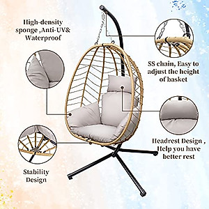 VARVIND Hammock Chair,Swing Egg Chiar with Stand and Cushions, Pillow, Foldable Wicker Rattan Hanging Egg Chair,Adjustable Height ,Anti-UV&Waterproof, Indoor and Outdoor Use,286Lbs(Beige)