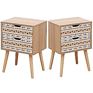 End Side Table Nightstand Set of 2, Night Stand with Drawers, Modern Bohemian Drawer Night Stand, Solid Wood Legs, for Sofa Side Table, Bedroom Bedside Table