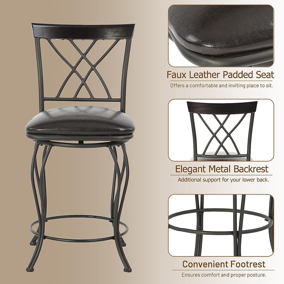 FurnitureR Classic Barstools Set of 2, Elegant Metal Back and Footrest Swivel Counter Height Bar Stools for Kitchen Island Pub, Bistro, Restaurant - Black (24 Inch)