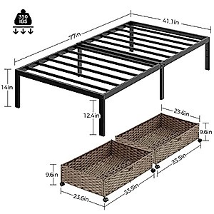 Rolanstar Bed Frame, Twin Bed Frame with 2 Rattan Baskets, 14 “ Metal Platform Bed Frame, Steel Slat Support, No Box Spring Needed, Easy Assembly, Noise Free, Bed with Large Storage Space up to 350LB