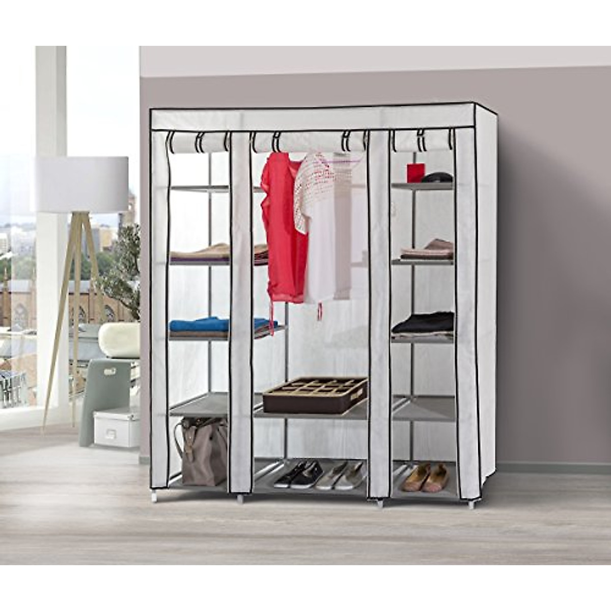 Dream Palace Portable White Fabric Wardrobe, Shelves, Covered Closet Rack, Sock Organizer, Hanger 59 inches