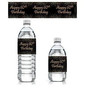 Black and Gold 60th Birthday Party Water Bottle Labels - 24 Stickers, 60th Birthday Decorations