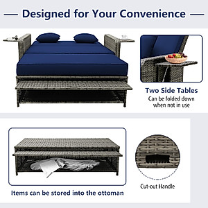 Tangkula Patio Rattan Daybed Set, Wicker Loveseat Sofa w/Multipurpose Ottoman & Retractable Side Tray, 4-Level Adjustable Backrest, Footstool w/Storage, Seat & Back Cushion Included