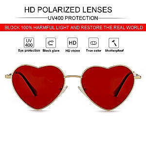 JOVAKIT Polarized Heart Sunglasses for Women Fashion Lovely Style Metal Frame UV400 Protection Lens (Gold/Red)