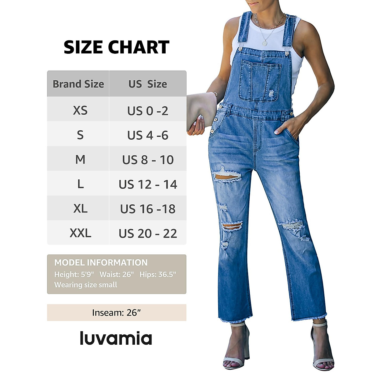 luvamia Women's Casual Distressed Adjustable Denim Bib Overalls Jeans Pants Jumpsuits Blue Size X-Large