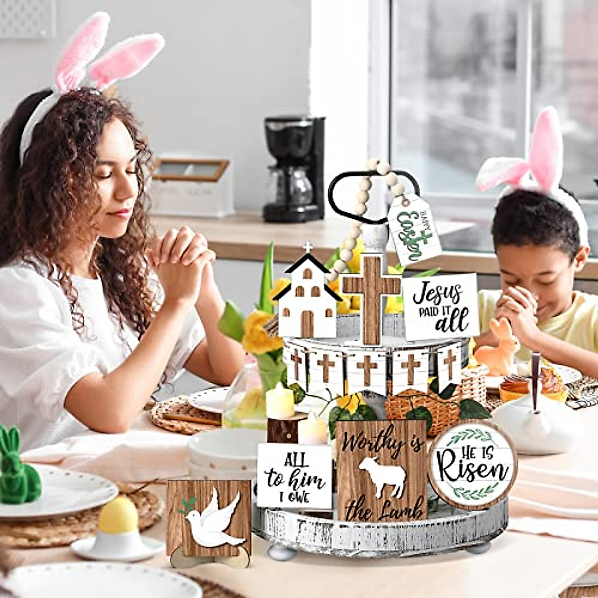 15 Pcs Easter Tiered Tray Decor Set, Table Top Decor Farmhouse Wooden Block Signs Wood Cross Decor with LED String Lights for Easter Home Kitchen Decorations