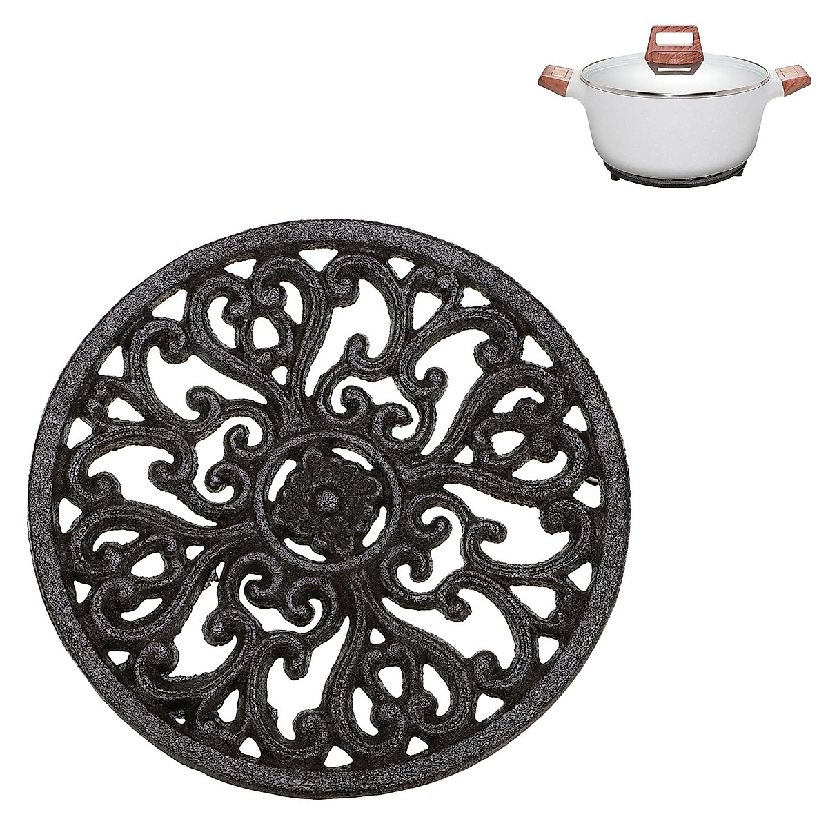 Sumnacon 1Pcs Round Cast Iron Trivet - 6.7 Inch Heat Resistant Iron Trivet for Hot Dish Pot Pan Plate Teapot, Rustic Cast Iron Hot Dish Plate Holder for Kitchen Dining Table Countertop Cooktop