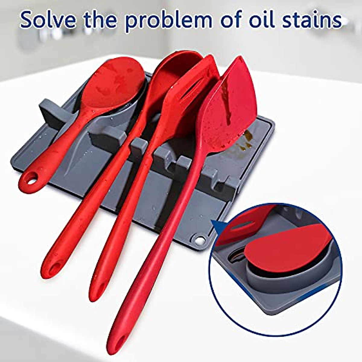 [3 Packs] Silicone Spoon Rest with Drip Pad for Multiple Utensils, Thrivet Mat [2 Packs], Upgraded Large Spoon Rest for Kitchen Counter, Heat Resistant Utensil Rest, Spatulas Rest for Cooking,Gray