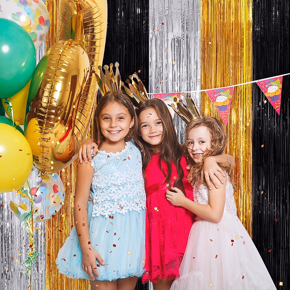 Black Gold Silver Metallic Tinsel Foil Fringe Curtains, 2 Pack 3.3x8.3 Feet Streamer Backdrop Curtains for Birthday Party Decorations, Halloween Decor, Foil Curtain Backdrop for Bachelorette Party