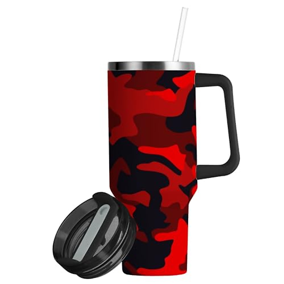 Yasala Car Tumbler with Handle Military Camo Red Black Travel Mug Coffee Cup Insulated Beverage Container Mega Cup for Hot Cold Drinking Thermos Water Bottle Cupholder Friendly 40 oz