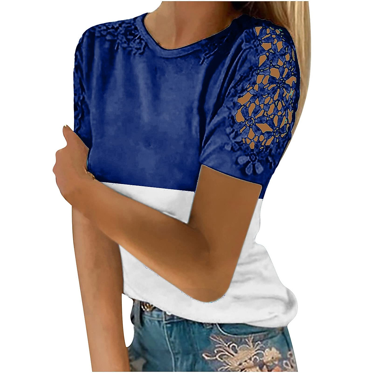 DASAYO Summer Shirts for Women Lace Stitching Short Sleeve Color Block Fashion Casual Tees Shirt Cute Going Out Blouses Tops