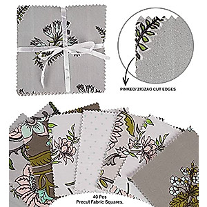 Soimoi Florals Print Precut 5-inch Cotton Fabric Quilting Squares Charm Pack DIY Patchwork Sewing Craft- Light Gray