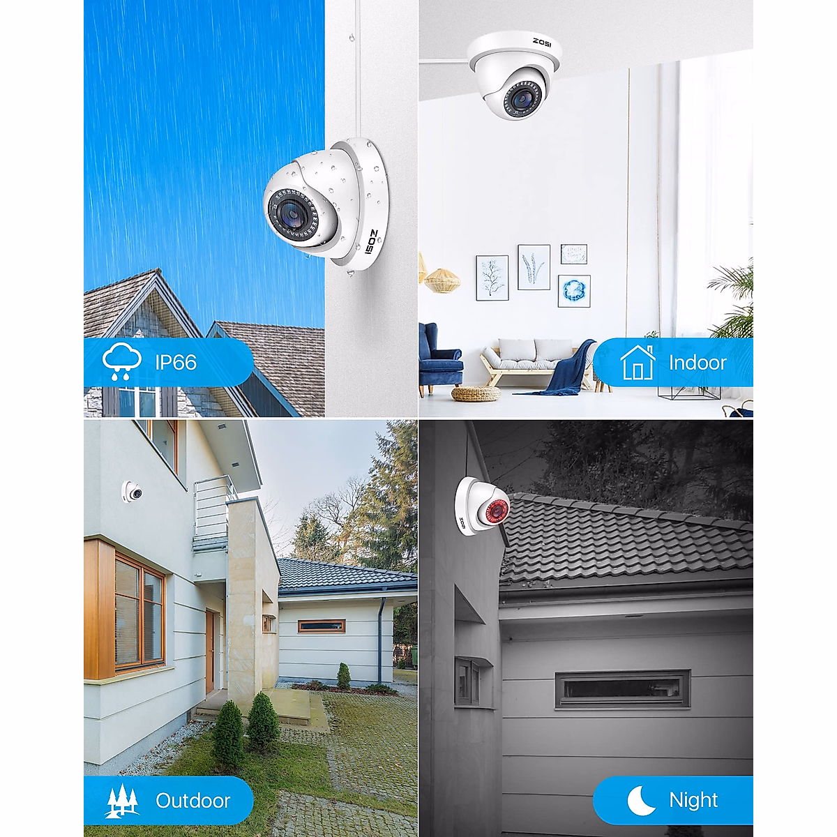 ZOSI 2.0MP HD 1080P 1920TVL Hybrid 4-in-1 TVI CVI AHD 960H CVBS CCTV Dome Camera Indoor Outdoor ,80ft Day Night Vision Aluminum Metal Housing For HD-TVI, AHD, CVI, and CVBS/960H analog DVR(White)