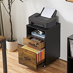 Yaheetech Mobile File Cabinet with 2 Drawers and Open Compartment, Under Desk Vertical File Cabinet with Lockable Wheels for A4, Letter Size Hanging File Folders Printer Stand for Home Office