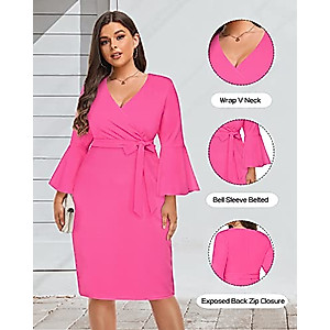 Hot Pink Barbie Dress Plus Size Wrap Around Cocktail Wedding Guest Bell Sleeve Elegant Evening Party Bodycon Dress Curvy Women