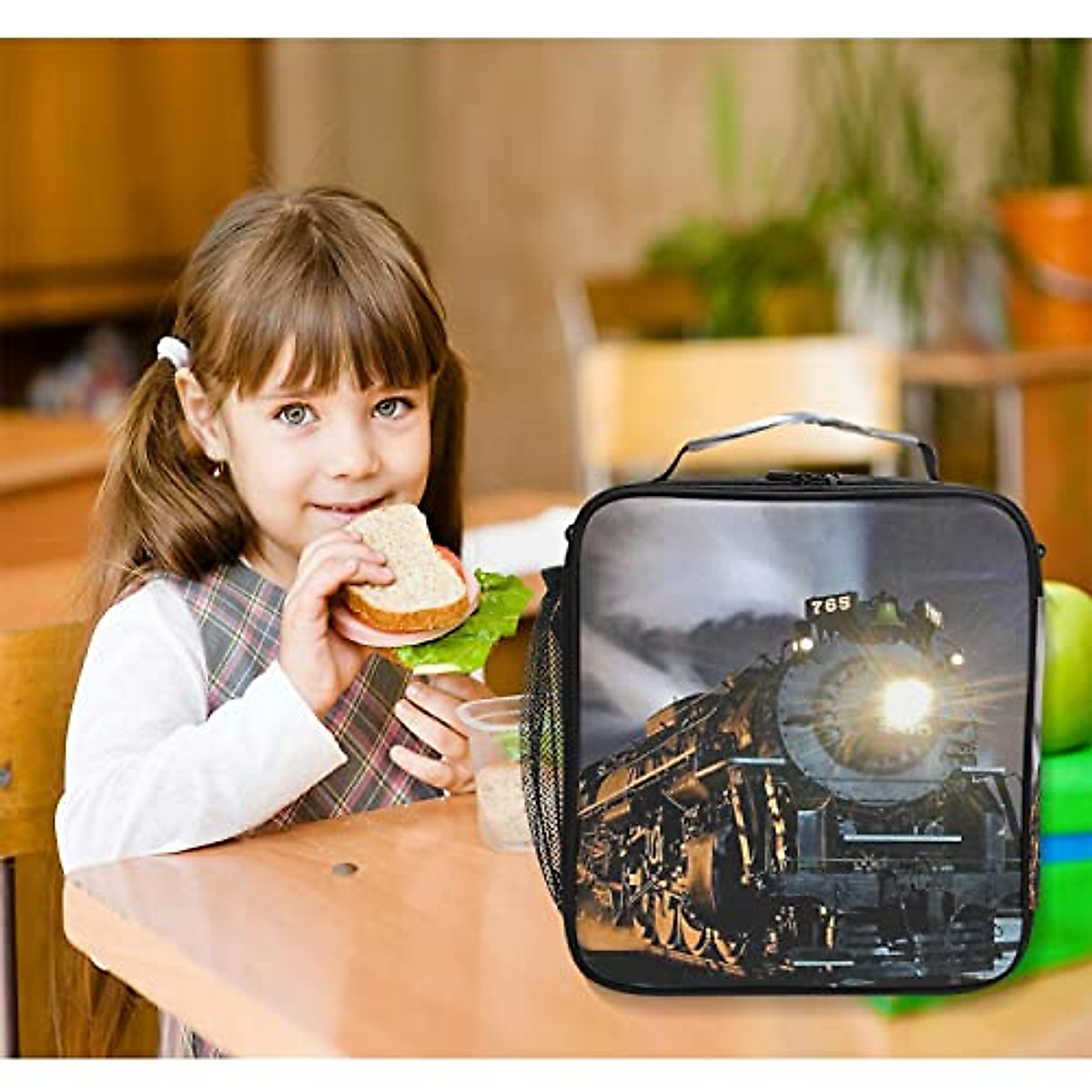 AUUXVA Vintage Locomotive Kids Lunch Bag, 10.5 x 3.5 x 9.5 in, Polyester