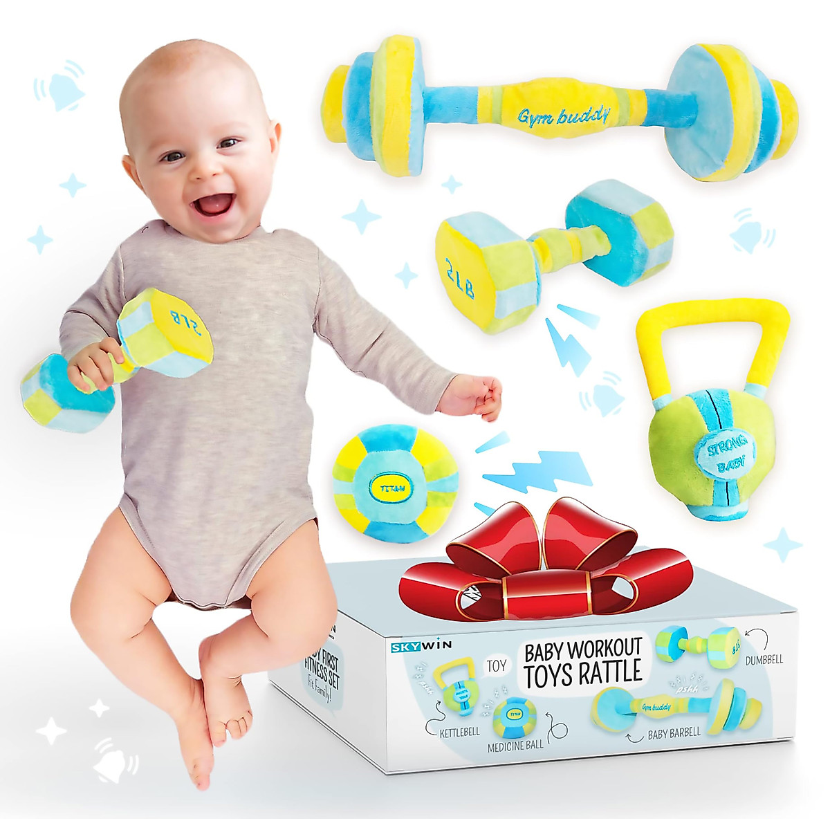 Skywin Baby Workout Toys Fit Training - Baby Shower Set of 4 Soft, Durable and Safe Plush Baby Rattle Toys for Ages 0+