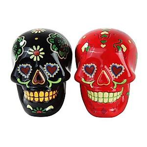 Pacific Giftware 1 X Day of Dead Sugar Black & Red Skulls Salt & Pepper Shakers Set- Skulls Collection