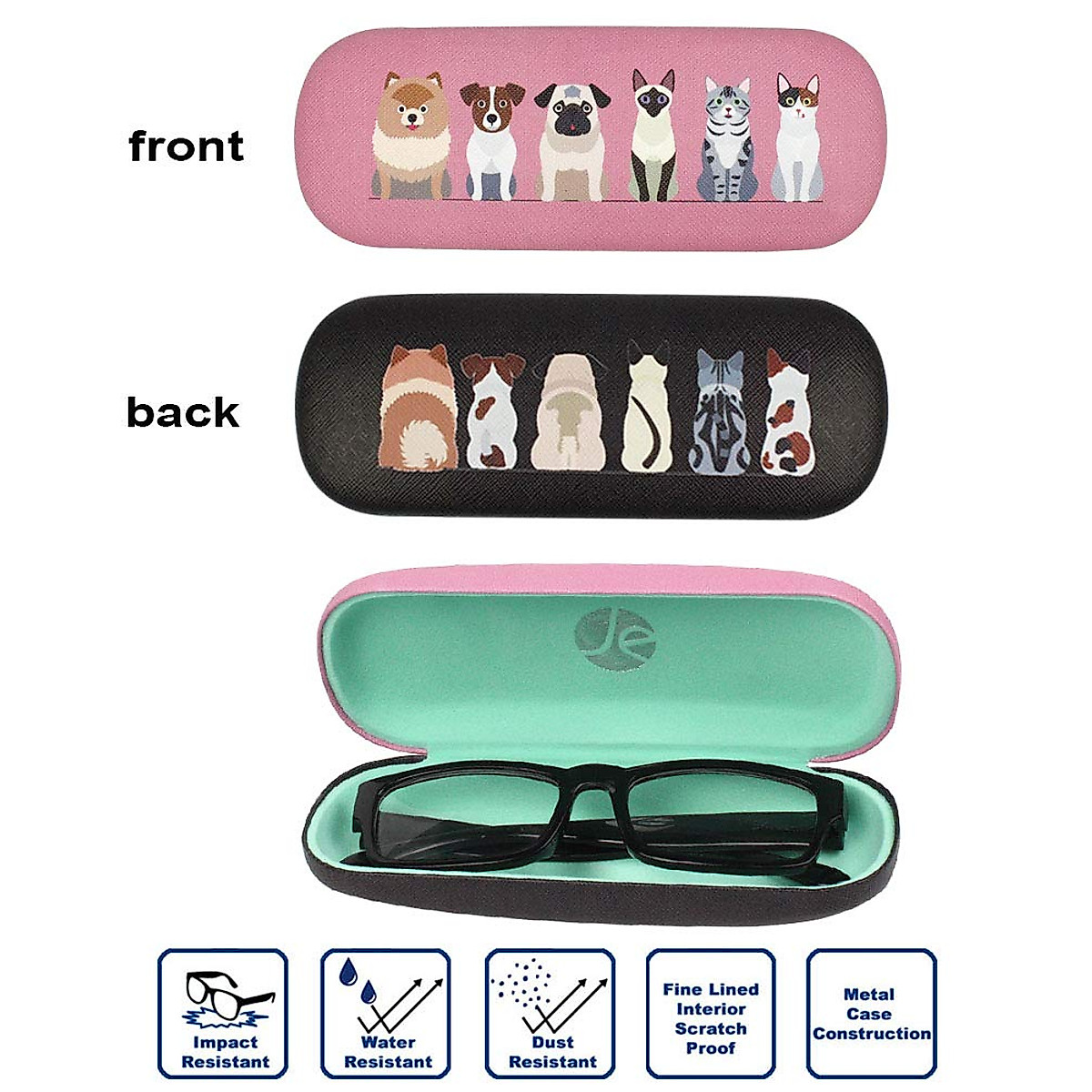 JAVOedge [4 PACK], Printed Front and Back Dogs Pattern Durable Hard Clamshell Eyeglass Storage Case w/Microfiber Cloth