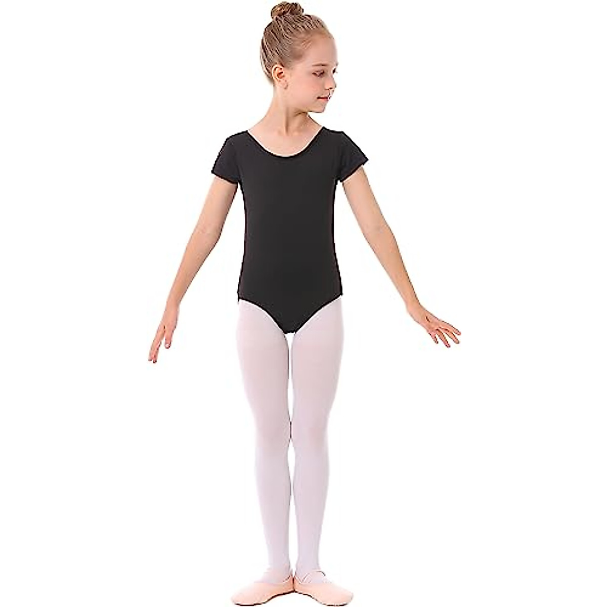 MdnMd Leotards for Girls Kids Dance Ballet Gymnastic Outfit Short Sleeve with Cross Back Detail (Black, Age 6-7)