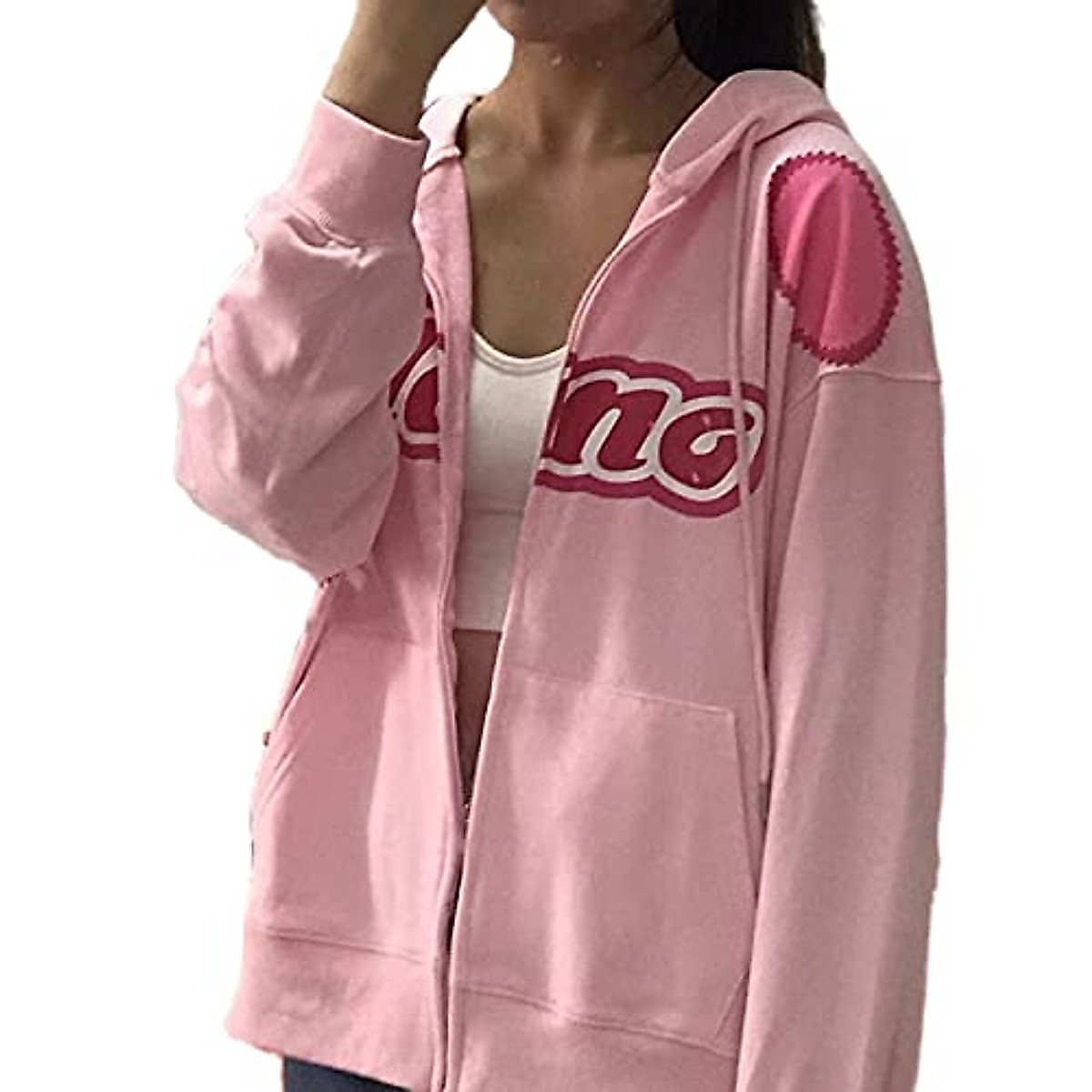 NUFIWI Women Graphic Printed Oversized Y2K Sweatshirt Zip Up Long Sleeve Hoodies Aesthetic Jacket Streetwear with Pockets （Pink, L