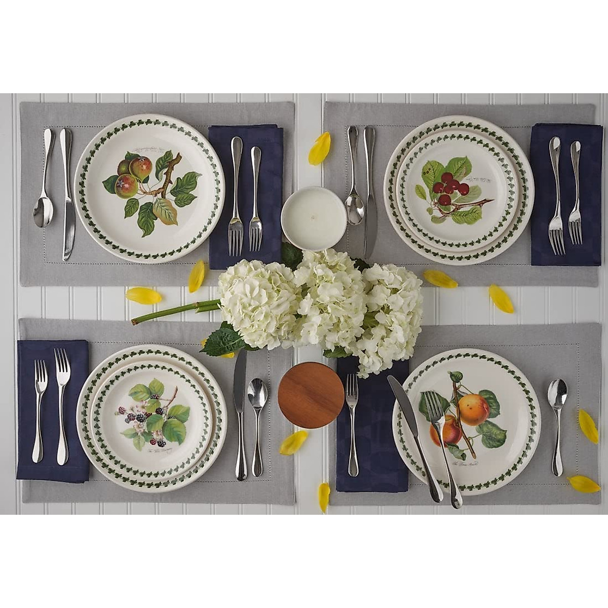 Portmeirion Pomona Collection | Set of 6 | Ceramic Dinnerware Dish Set | Microwave and Dishwasher Safe | Assorted Fruit Motifs | Made in England (Pasta/Low Bowl)